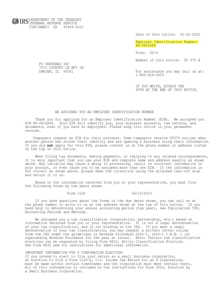 Approved Ein Fs Ventures Inc Pdf Irs Tax Forms Internal Revenue