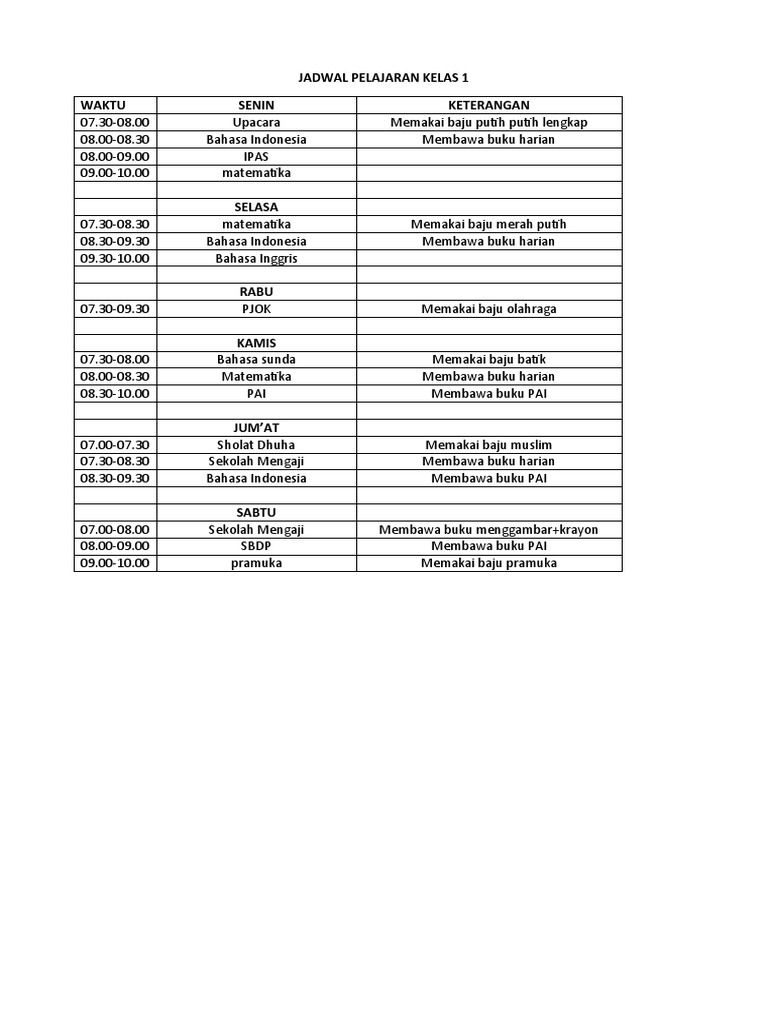 Jadwal Pelajaran Kelas 1 Pdf