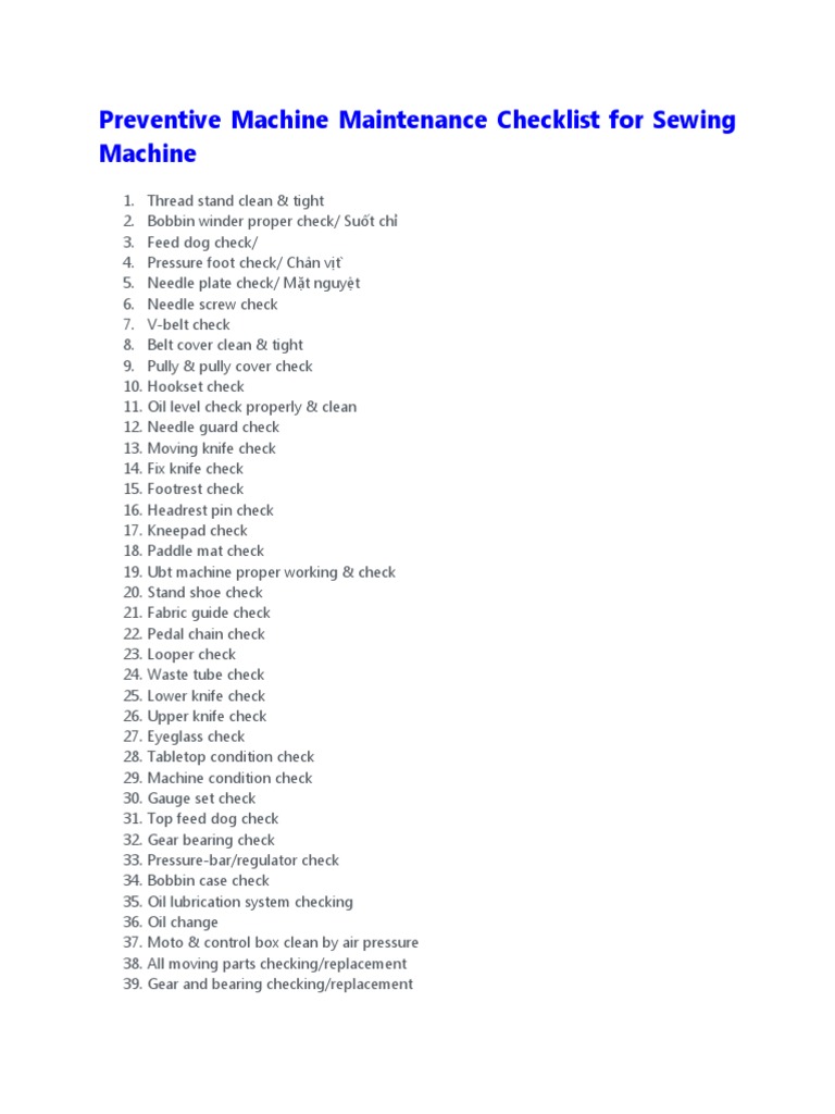 Preventive Machine Maintenance Checklist For Sewing Machine | PDF