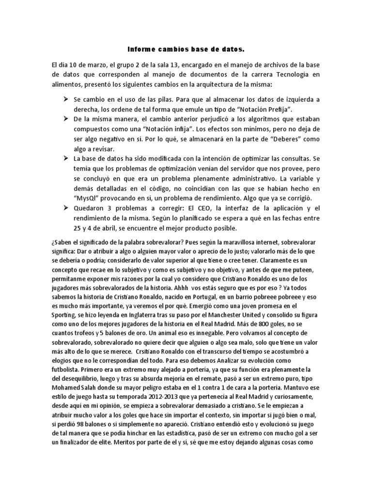 Informe Cambios Base de Datos | PDF