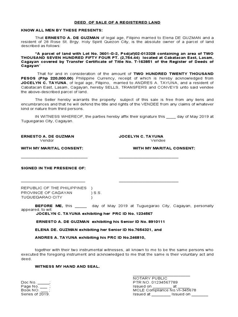 SAMPLE LEGAL Forms DEED OF SALE OF A REGISTERED LAND | PDF ...