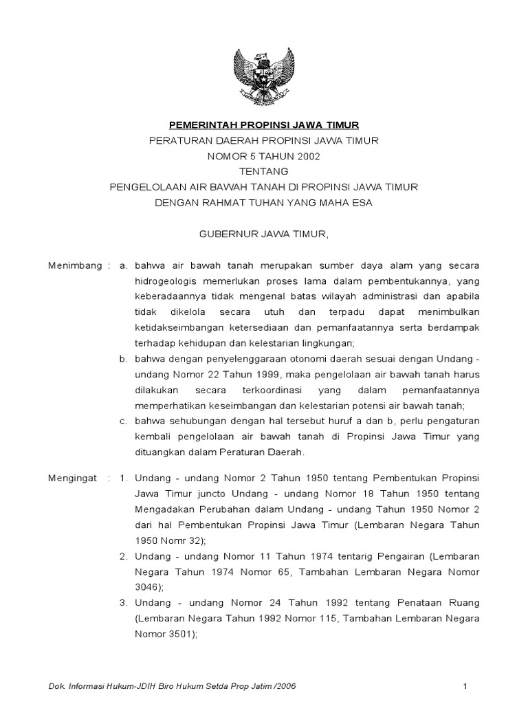 Perda - Nomor 5 .Tahun 2002 .Tentang Pengelolaan Air Bawah Tanah DL Propinsi Jawa Timur | PDF
