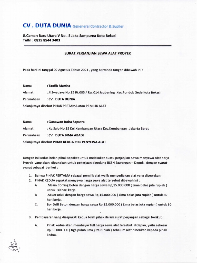 Surat Perjanjian Sewa Alat P-Royek | PDF