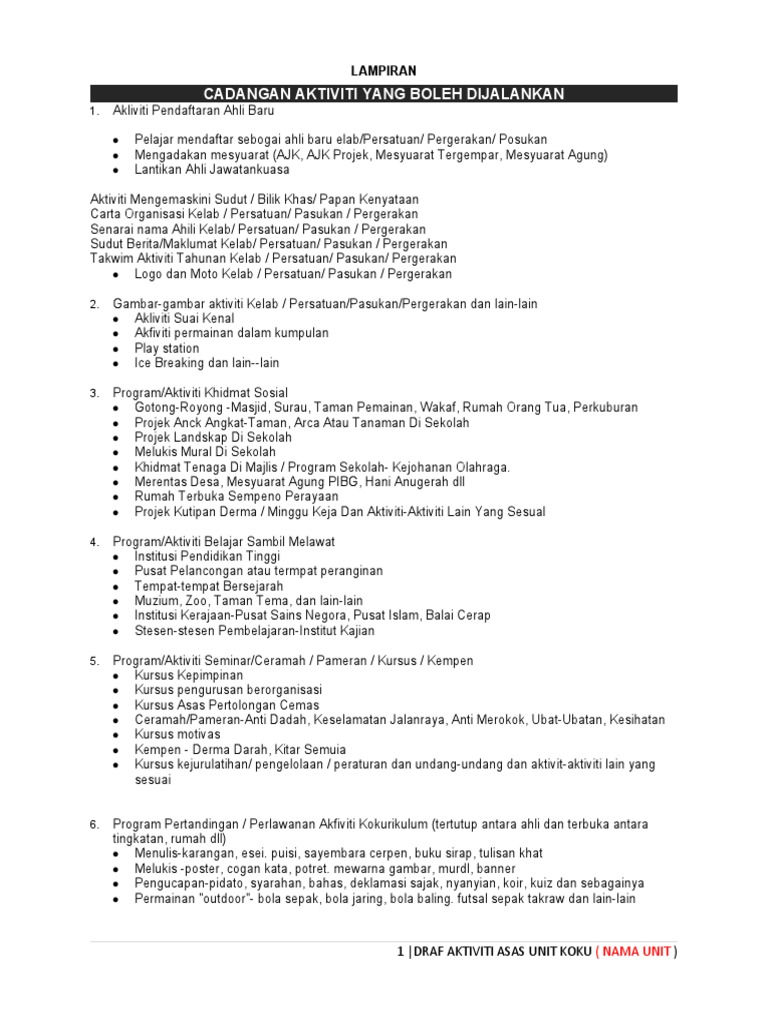 Draf Lampiran Contoh Aktiviti Asas Unit Koku Tahun 2023 | PDF