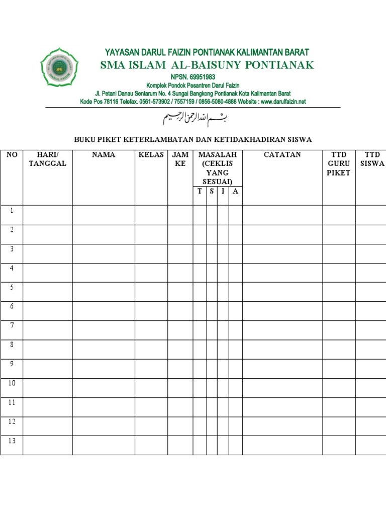 Buku Piket Terlambat Dan Ketidahadiran Siswa (Mutu Lulusan) | PDF