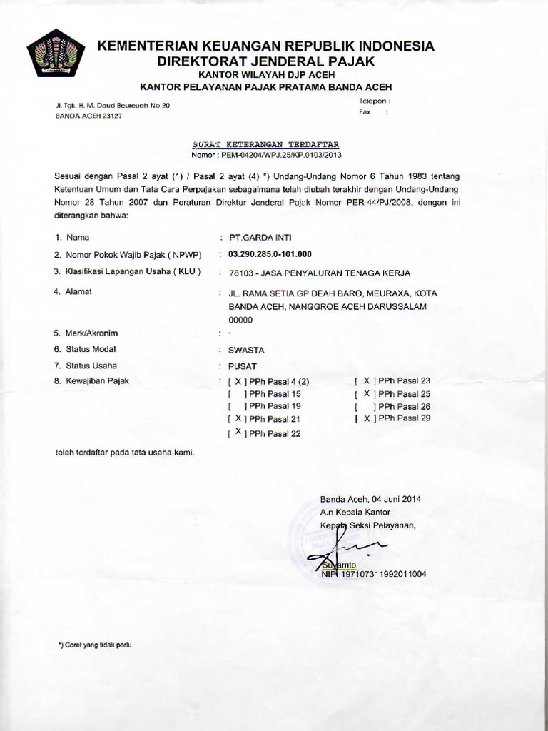 Surat Keterangan Terdaftar Wajib Pajak | PDF