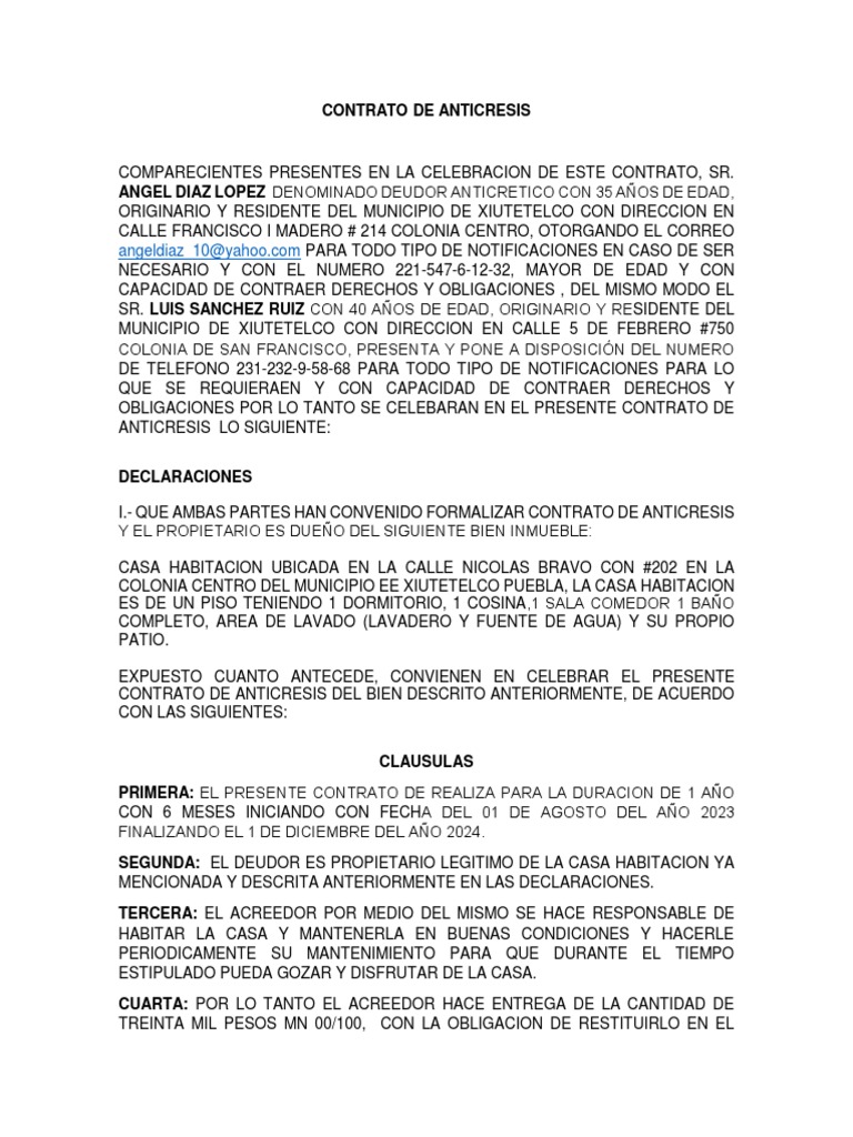 Contrato de Anticresis en Xiutetelco | PDF