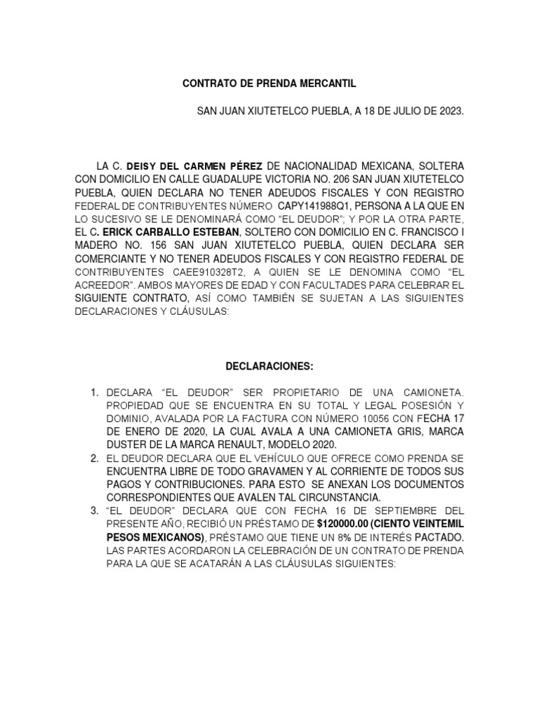 Contrato de Prenda | PDF