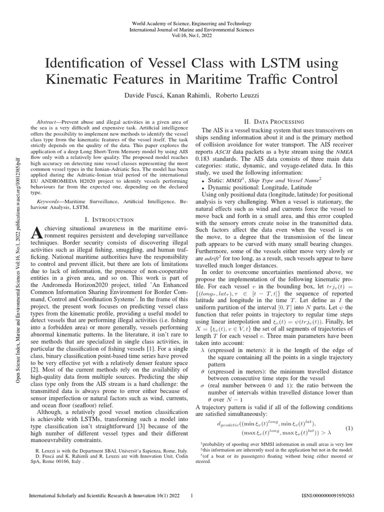 Identification of Vessel Class With LSTM Using Kinematic Features in Maritime Traffic Control | PDF