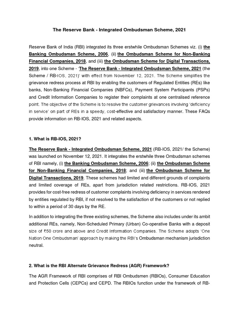RBI Integrated Ombudsman Scheme 2021 | PDF | Reserve Bank Of India | Banks