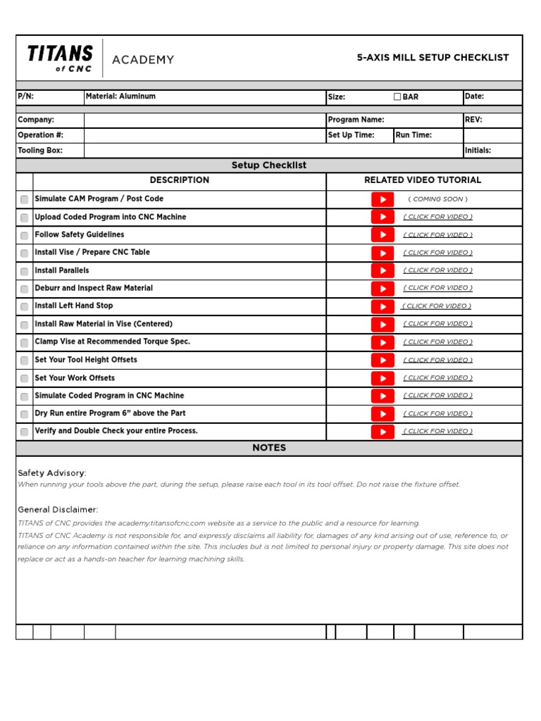 5-Axis Mill Setup Checklist | PDF