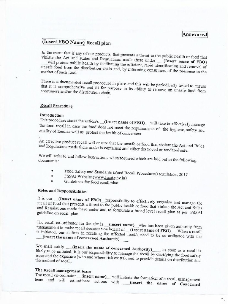 512 Food Recall Plan As Annexure-I | PDF