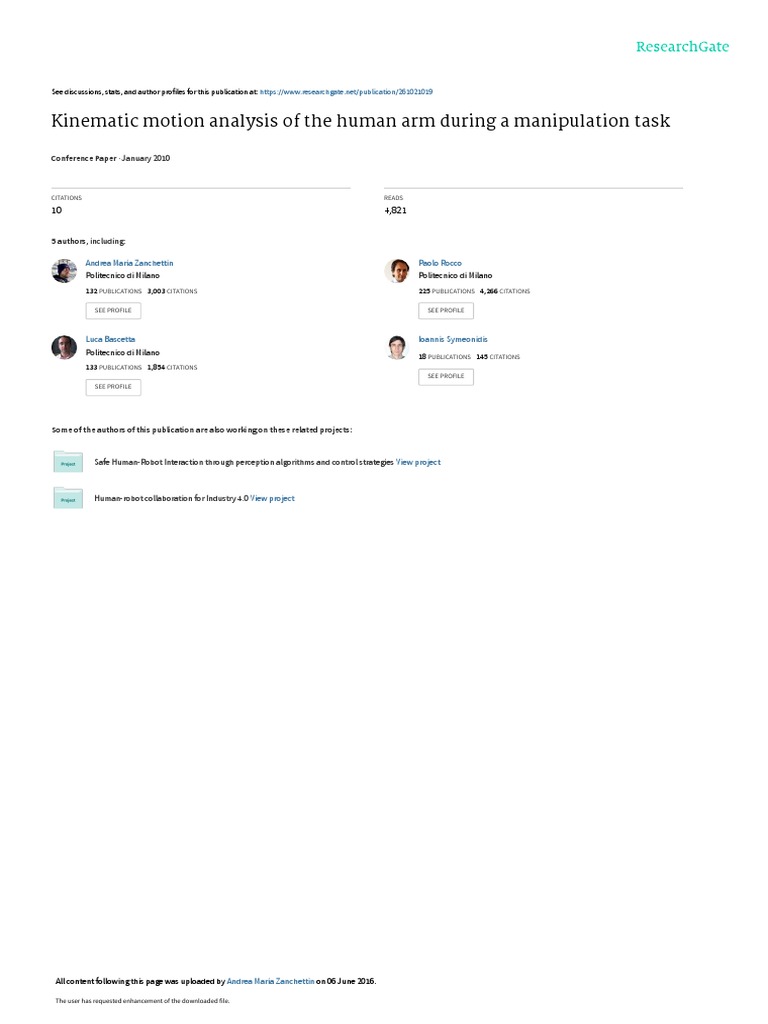 Kinematic Motion Analysis of The Human Arm During A Manipulation Task ...