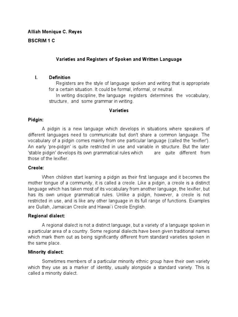 Varieties and Registers of Spoken and Written Language | PDF