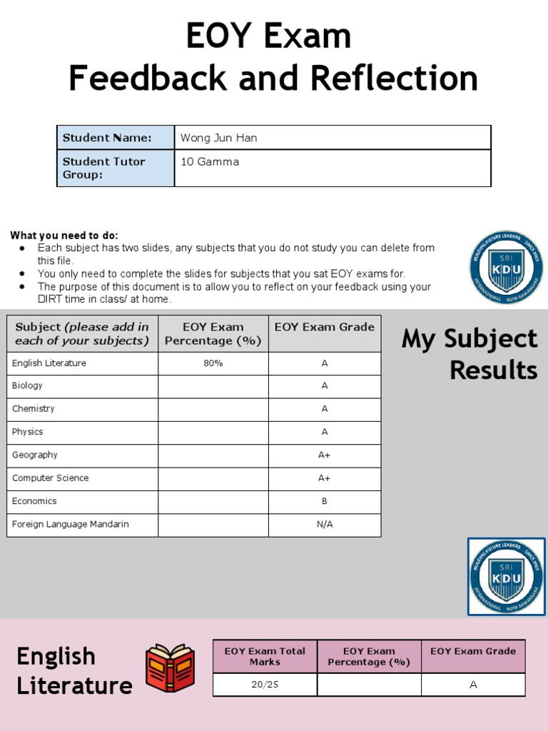 Wong Jun Han - EOY Exam - Feedback and Reflection | PDF | Taste | Banana