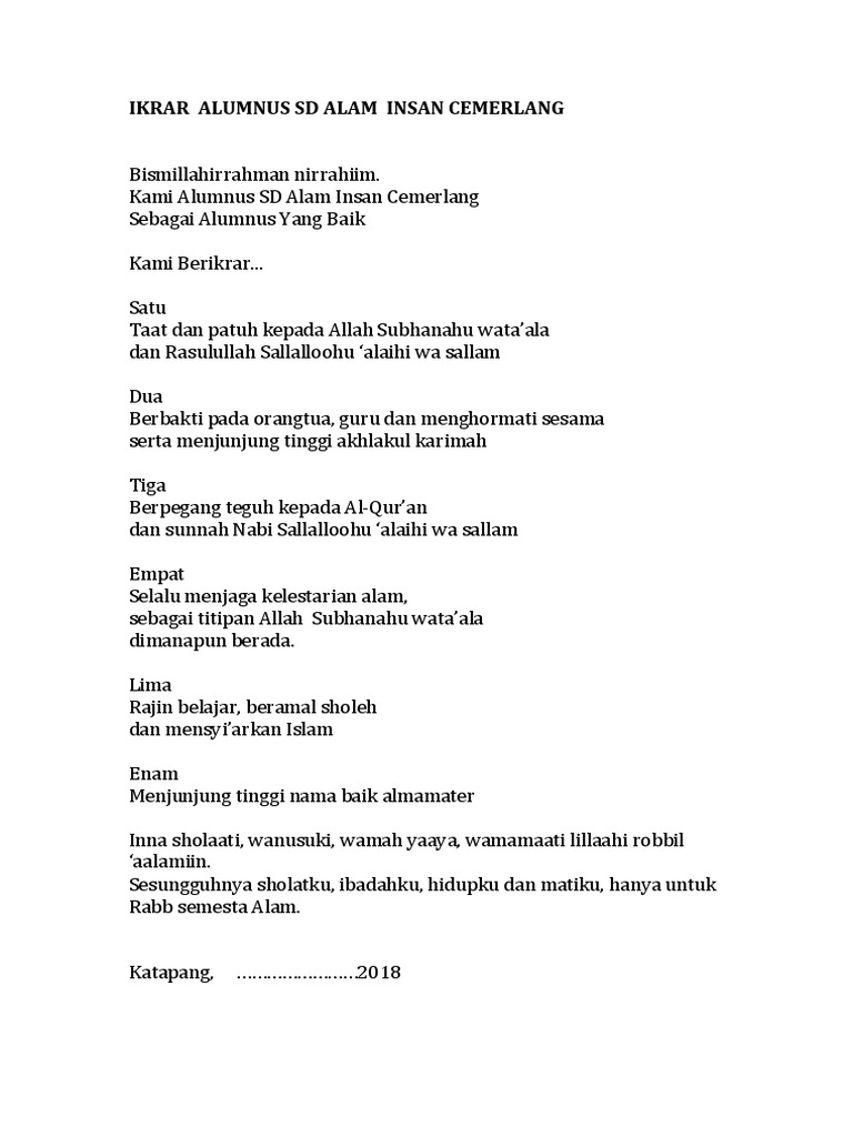 Contoh Ikrar Siswa Siswa SD Alam Insan Cemerlang | PDF