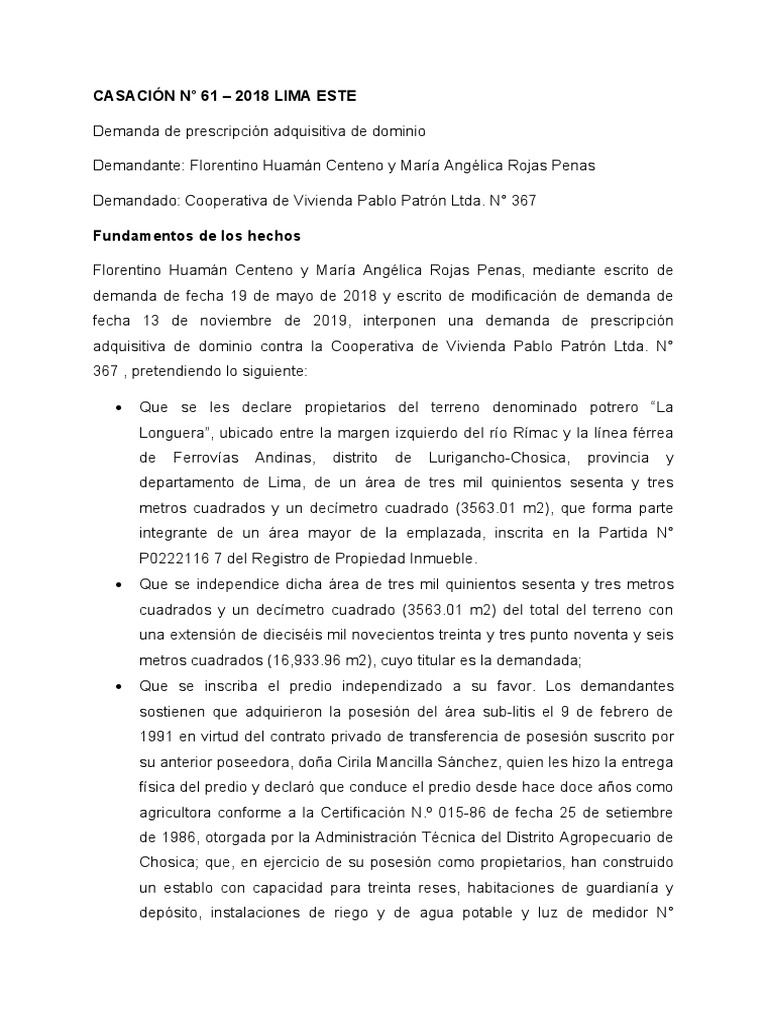 Casación N 61 2018 Lima Este | PDF | Posesión (Ley) | Debido al proceso Casación N 61 2018 Lima Este | PDF | Posesión (Ley) | Debido al proceso