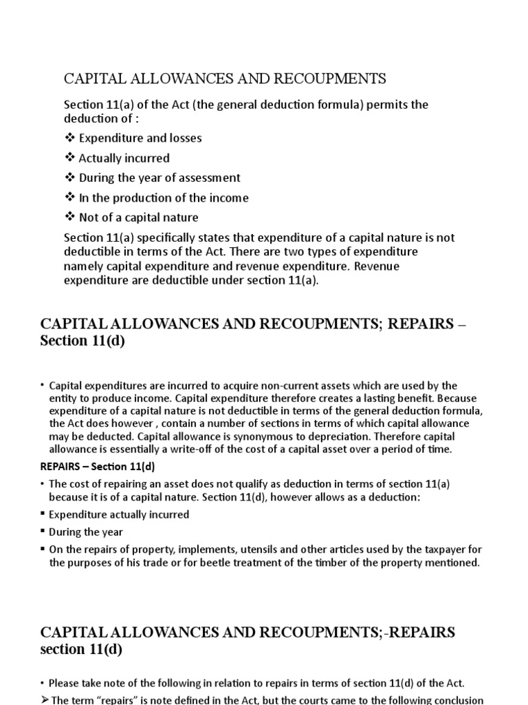 Capital Allowances and Recoupments Guide | PDF | Expense | Tax Deduction