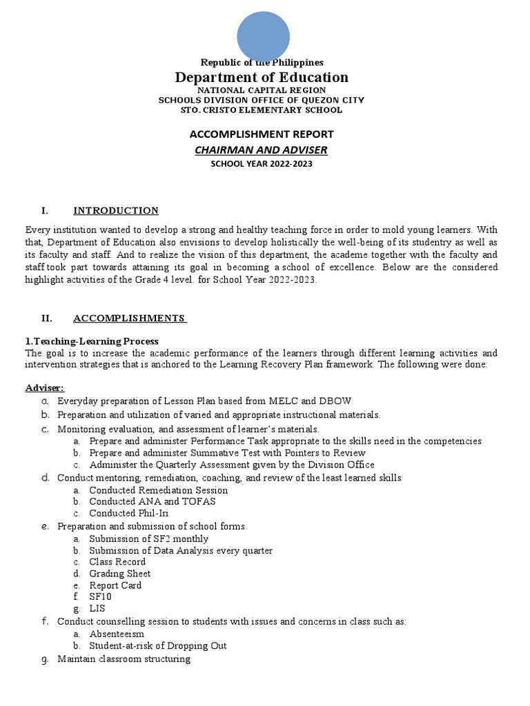 Accomplishment Report | Download Free PDF | Teachers | Learning
