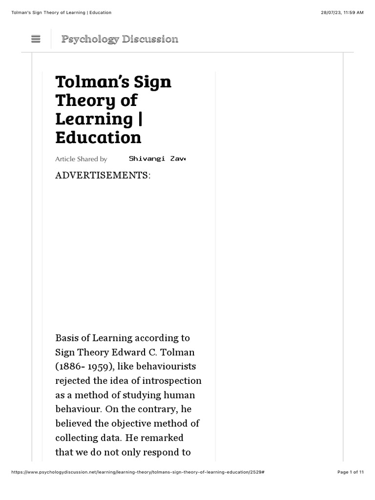 Tolman's Sign Theory of Learning - Education | PDF | Behaviorism | Learning