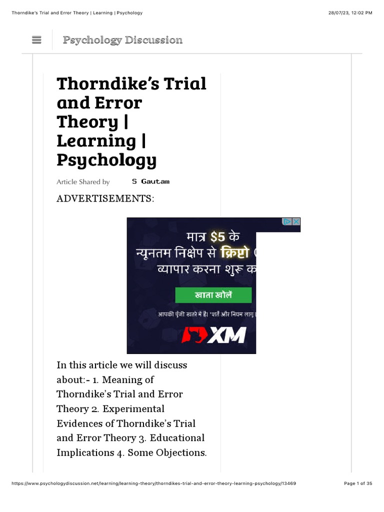 Thorndike's Trial and Error Theory - Learning - Psychology | PDF