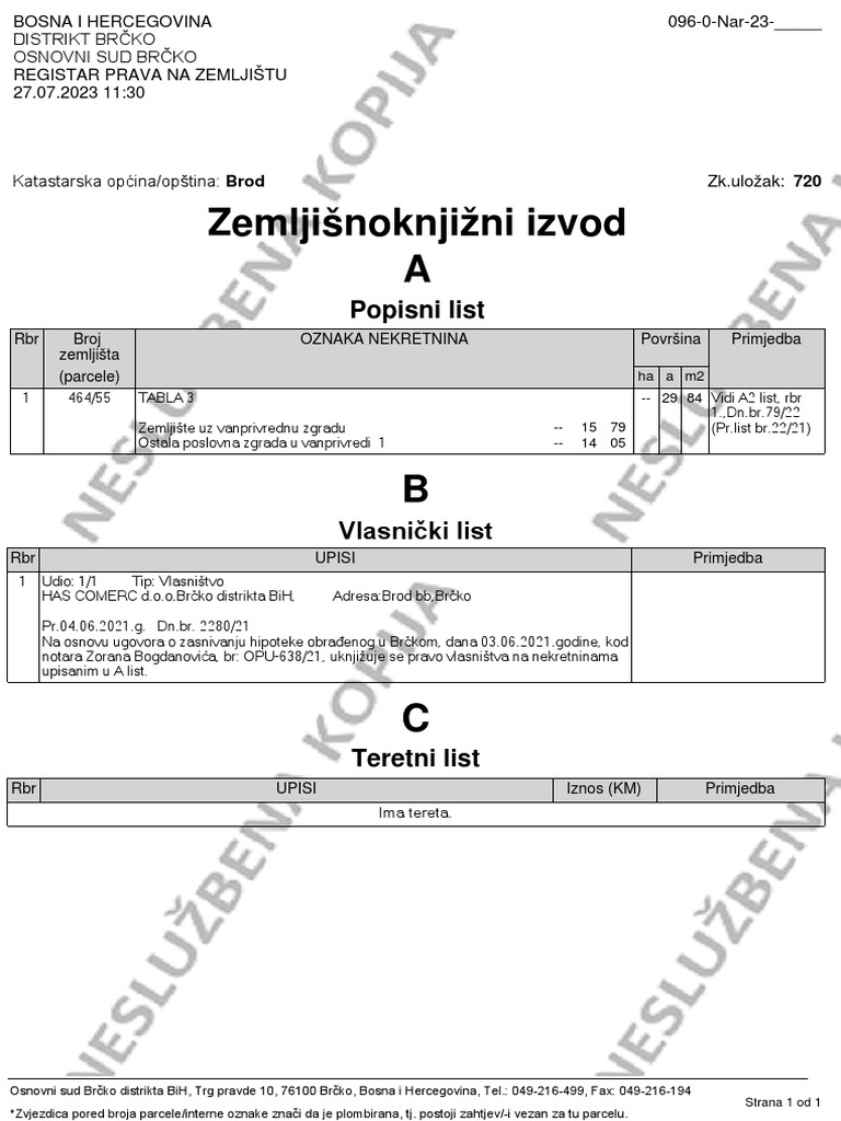Zemljišnoknjižni Izvod A: Popisni List | PDF