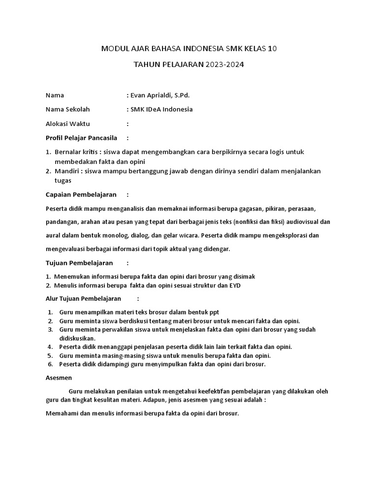 Modul Ajar Bahasa Indonesia SMK Kelas 10 | PDF | Seni & Disiplin Bahasa