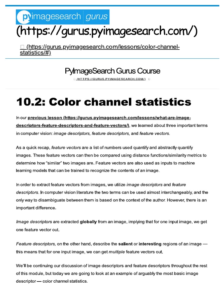 10.2 - Color Channel Statistics - PyImageSearch Gurus | PDF