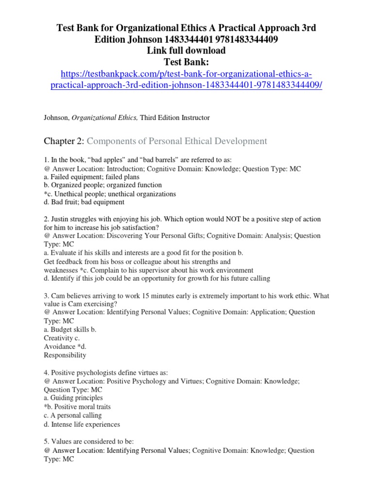 Organizational Ethics A Practical Approach 3rd Edition Johnson Test ...