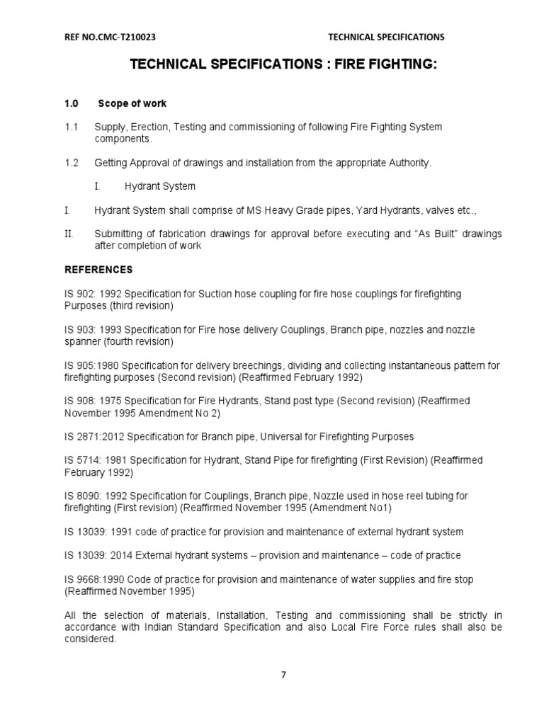 Fire Fighting System Technical Specifications | PDF