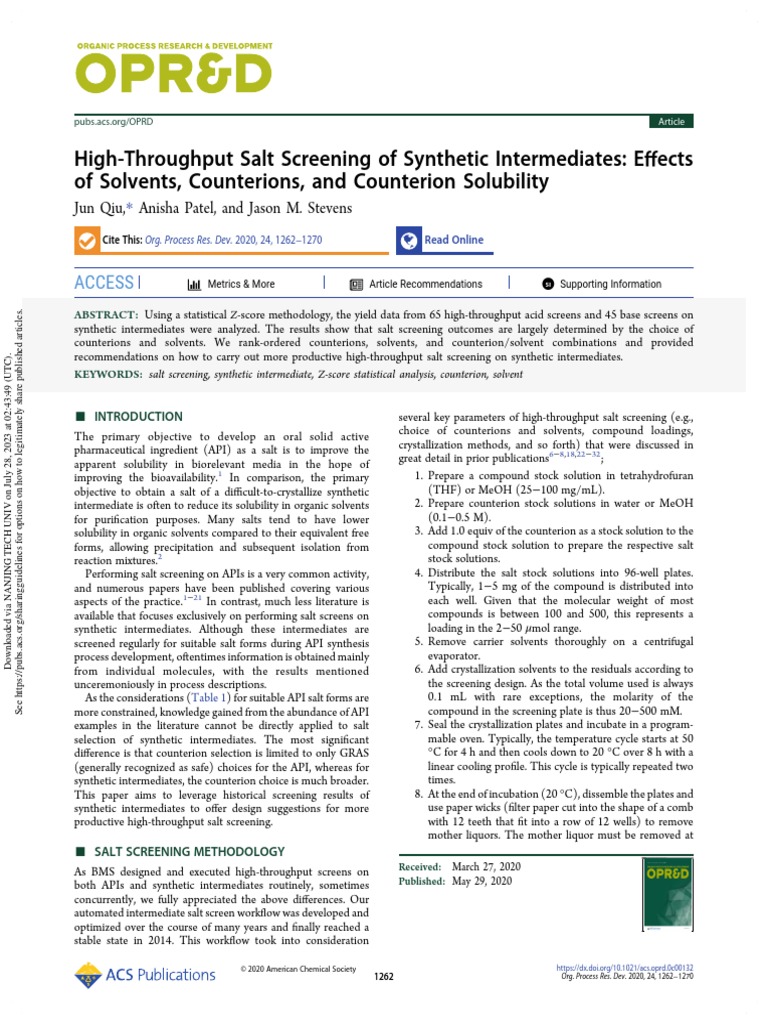 High-Throughput Salt Screening of Synthetic Intermediates Effects of ...