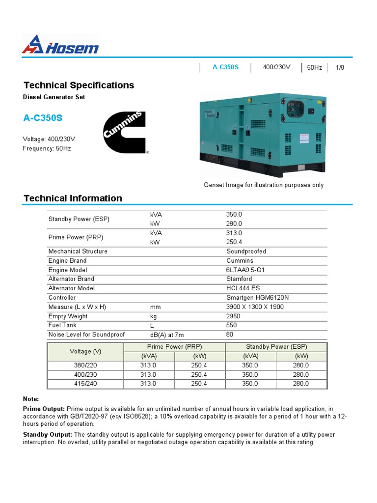 Specification of 313kVA Cummins Diesel Generator With Stamford ...