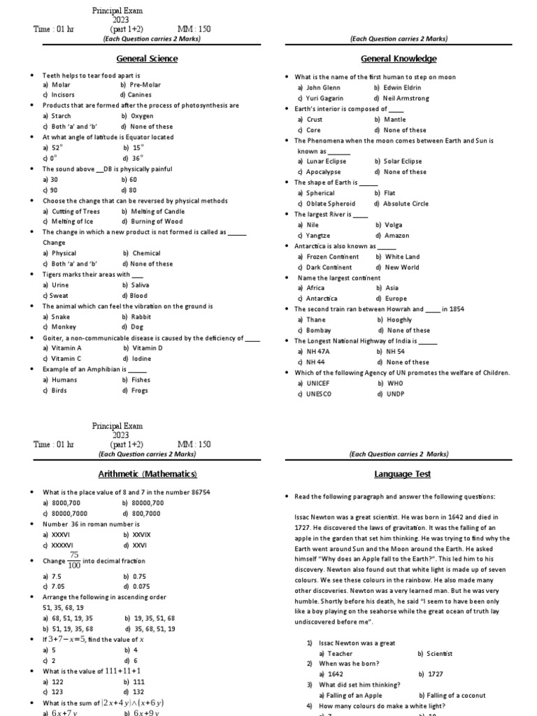 Principal Exam 2023 (Just For Fun) | PDF | Earth | Isaac Newton