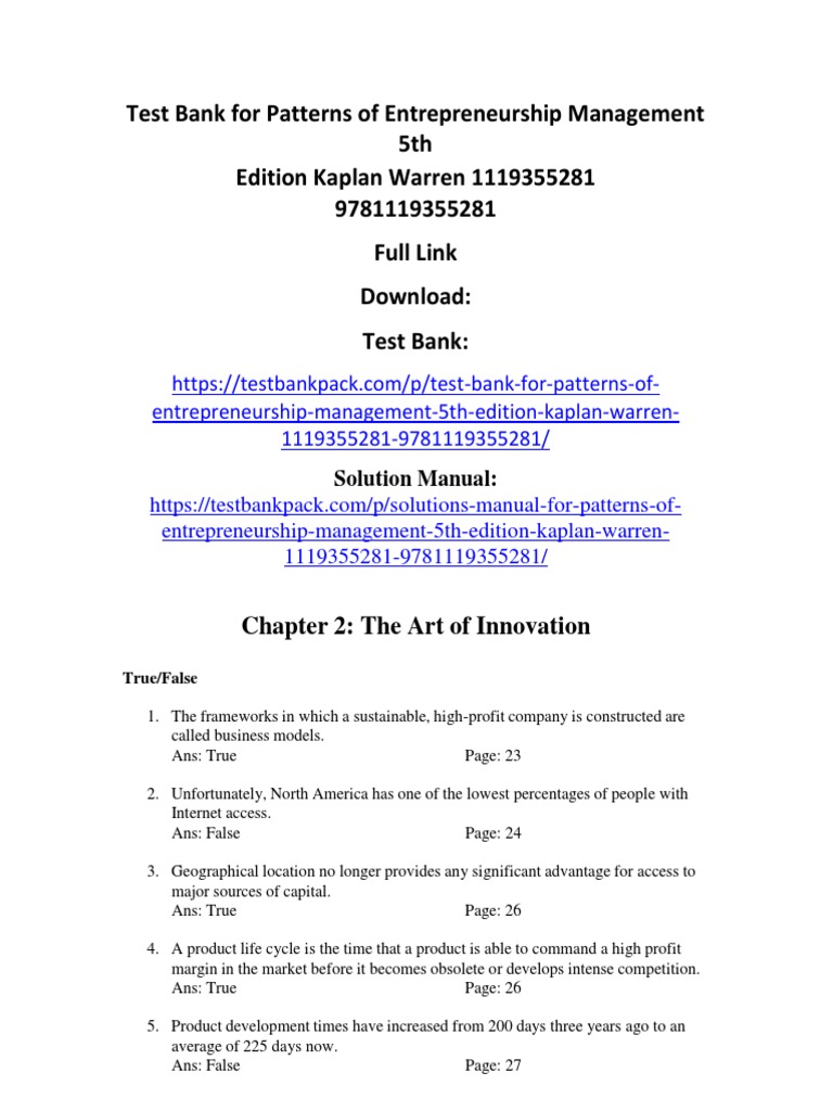 Patterns of Entrepreneurship Management 5th Edition Kaplan Warren Test ...