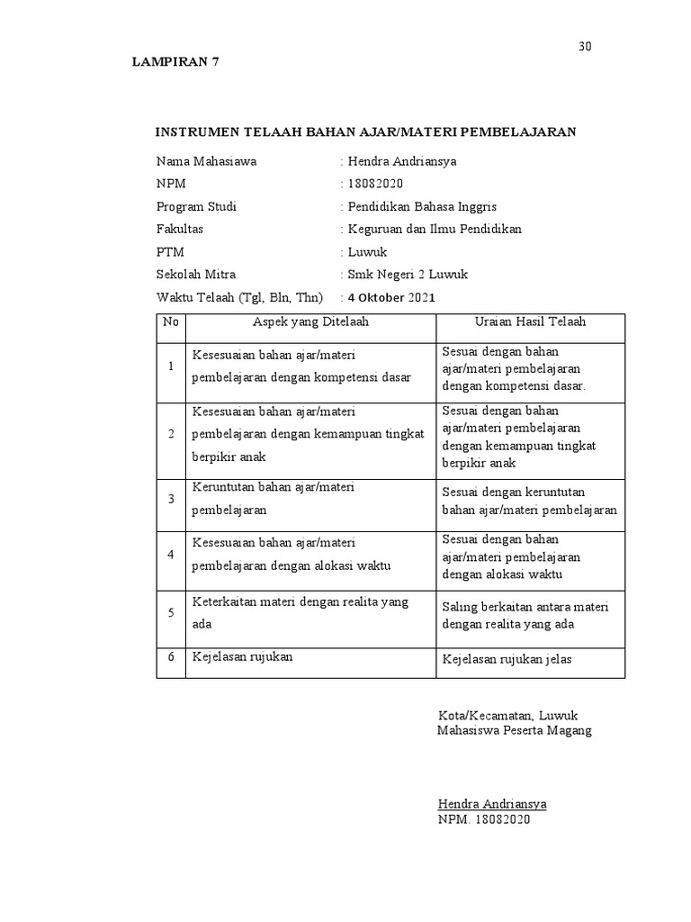 Lampiran 7 Lembar Instrumen Telaah Bahan Ajar Materi Pembelajaran | PDF