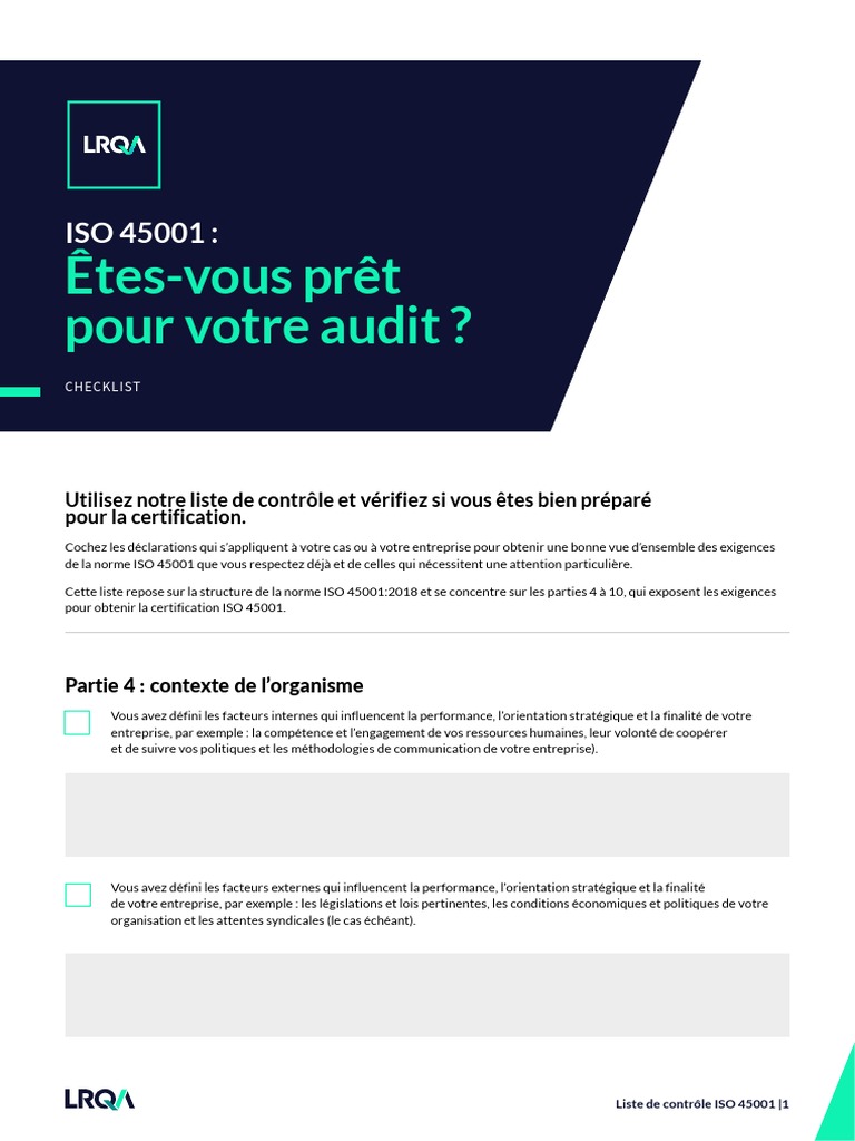LRQA ISO 45001 Checklist FR | PDF
