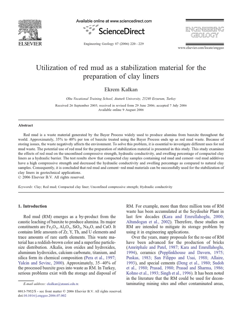 Utilization of Red Mud As A Stabilization Material For The Preparation of Clay Liner | PDF