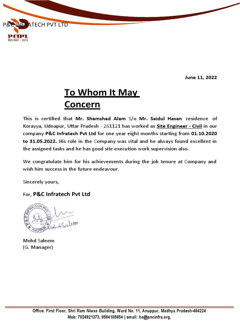 Experience Certificate - Shamshad Alam | PDF