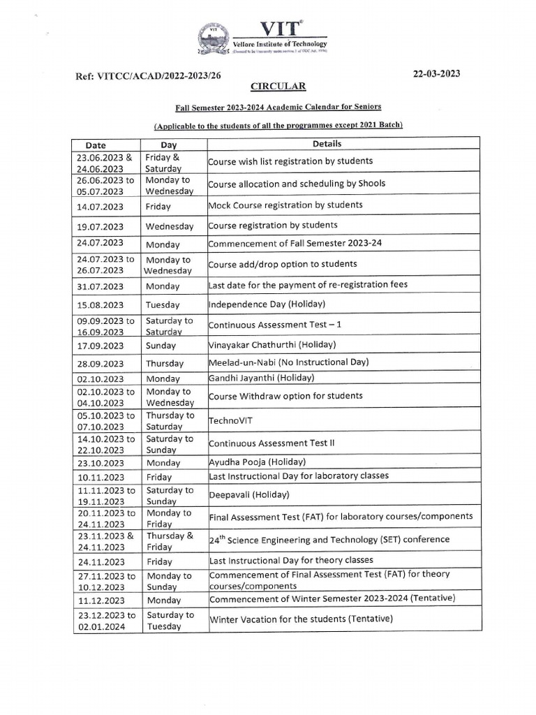 Academic Calendar - Fall Semester 2023-2024 Seniors (All Students ...