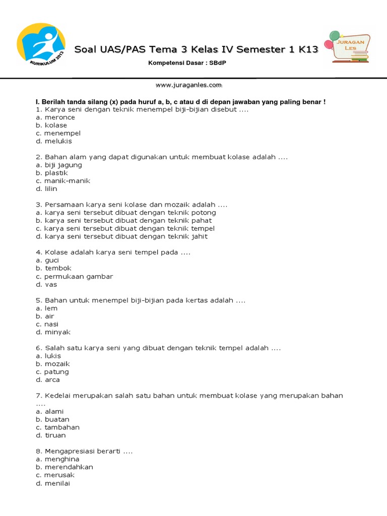 Soal UAS PAS K13 Tema 3 Kelas 4 Semester 1 SBDP | PDF