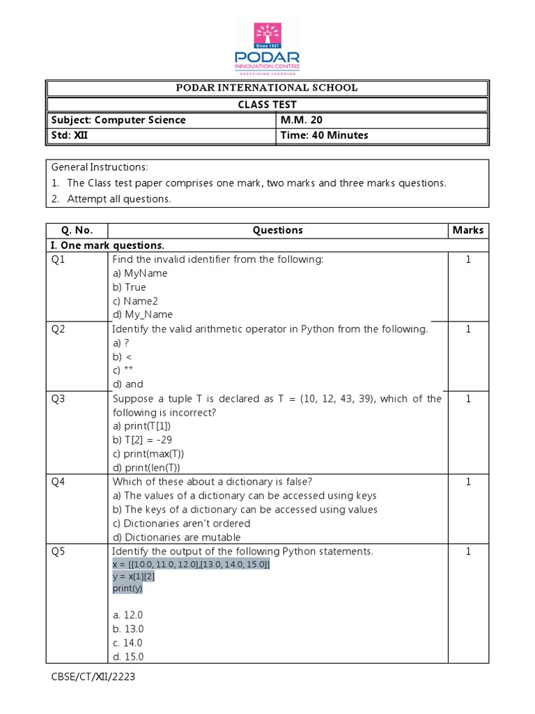 CH - 1 - Class Test - Python Revision Tour | PDF | Theoretical Computer ...