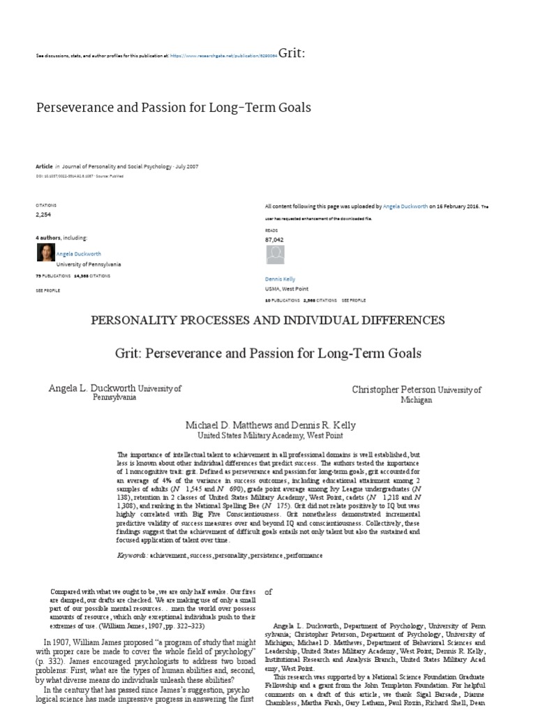 Grit: Perseverance and Passion For Long-Term Goals | PDF | Grit ...
