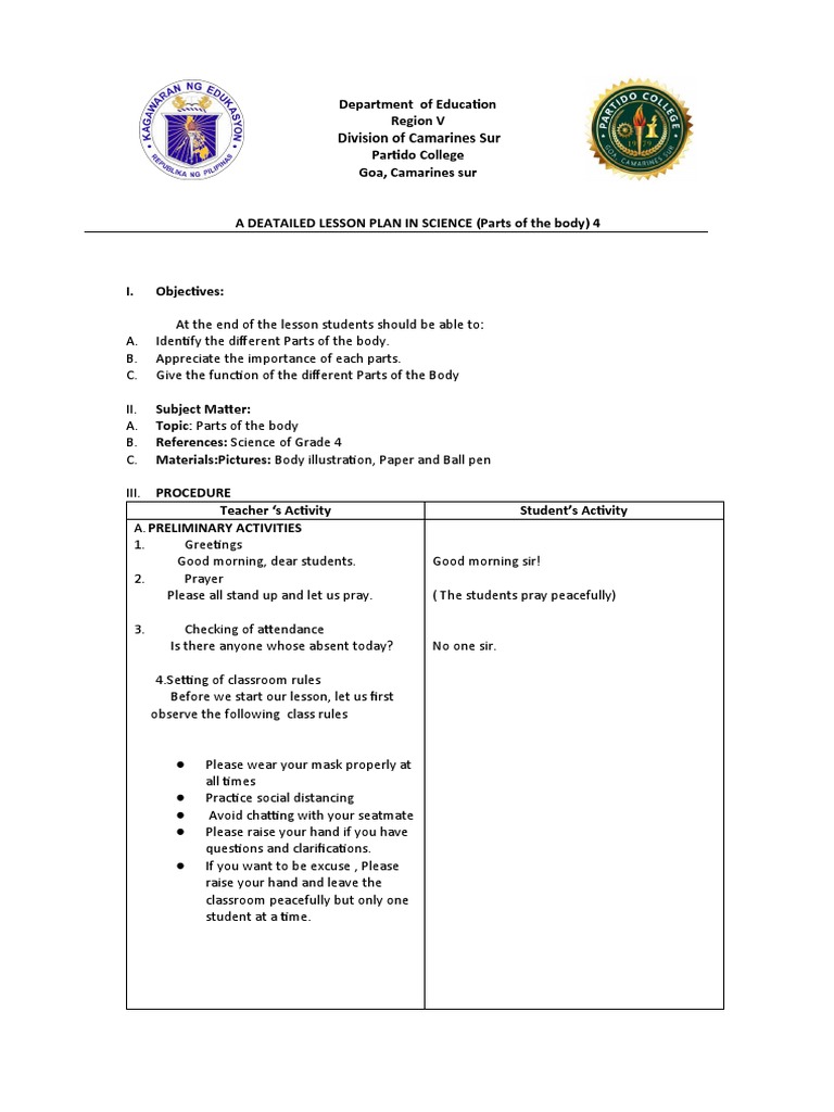 Detailed Lesson Plan: Body Parts for Grade 4 | PDF | Self-Improvement