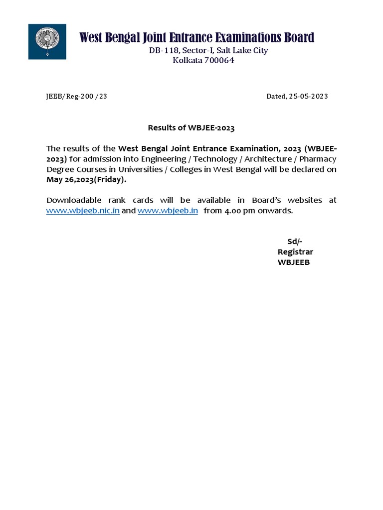 WBJEE 2023 Results Announcement | PDF