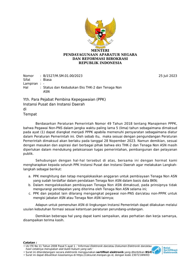 Surat 1527 Surat Edaran Status Dan Kedudukan Eks THK 2 Dan Tenaga Non ASN | PDF
