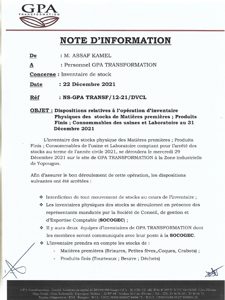 Note d'inventaire de stock | PDF