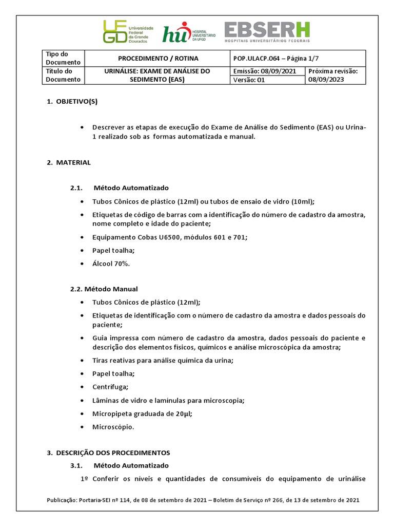 POP - ULACP.064.URINÁLISE - EAS. 2021-2023. Validado SVSSP | PDF