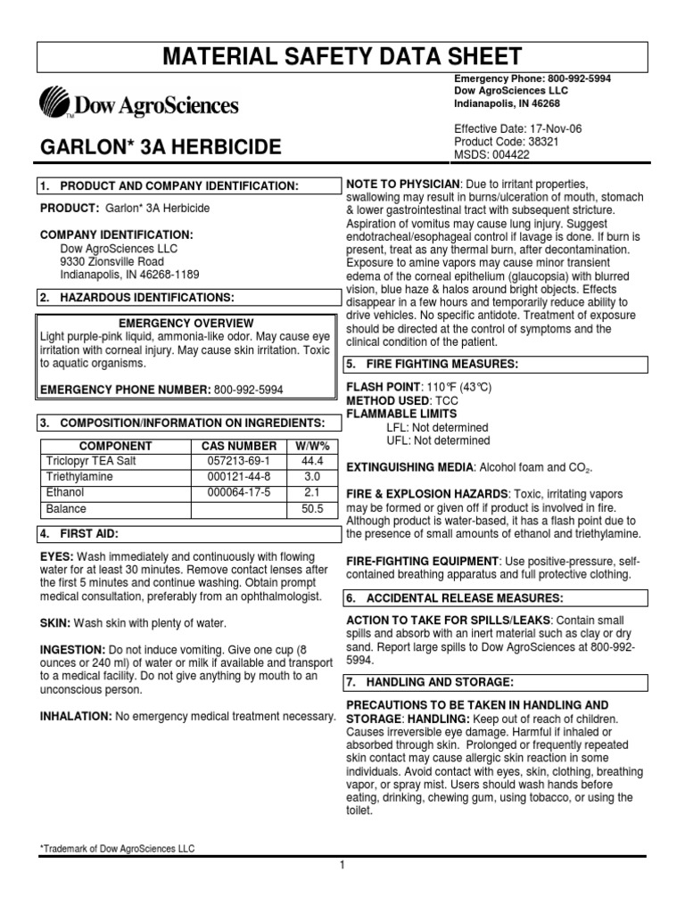 Garlon MSDS | PDF | Dangerous Goods | Superfund