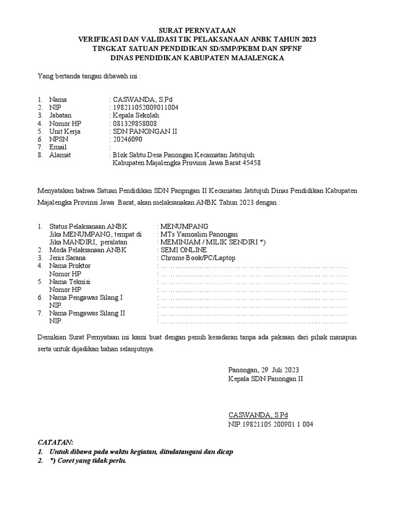 Surat Pernyataan Verval TIK-2023 | PDF