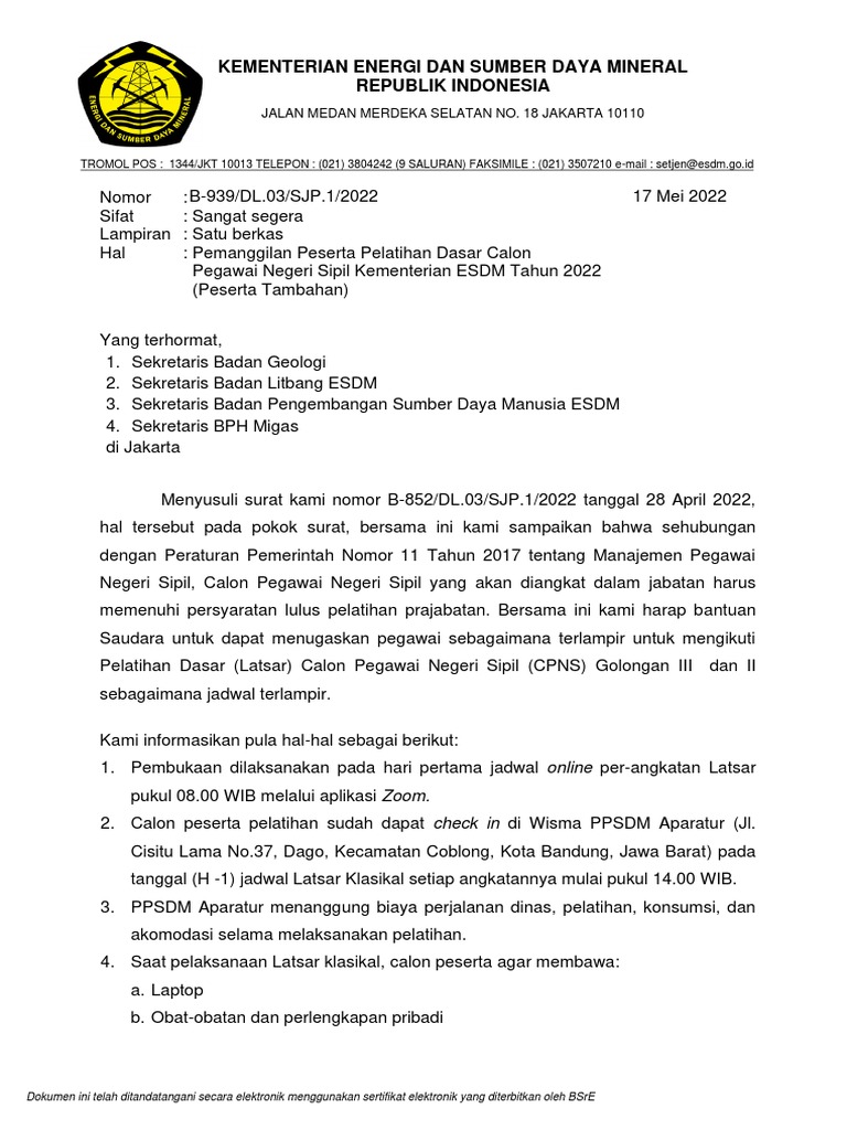 Surat Pemanggilan Peserta Tambahan Latsar ESDM 2022 | PDF